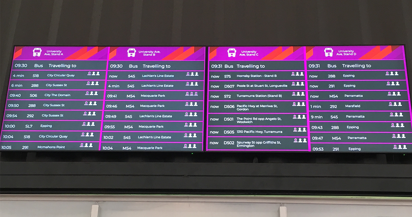 Bus timetable screens in Campus Common | This Week At Macquarie University